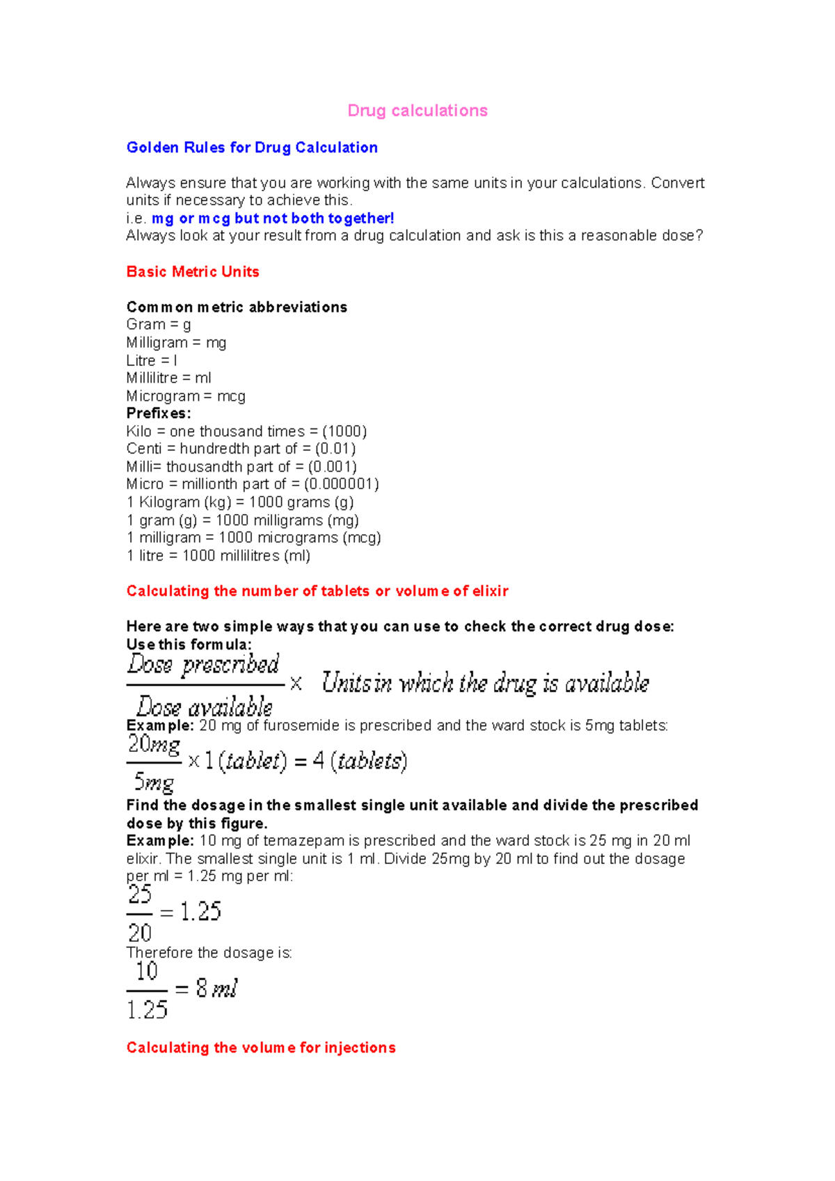 Drug Calculations Guide: Essential Metrics and Techniques - Studocu
