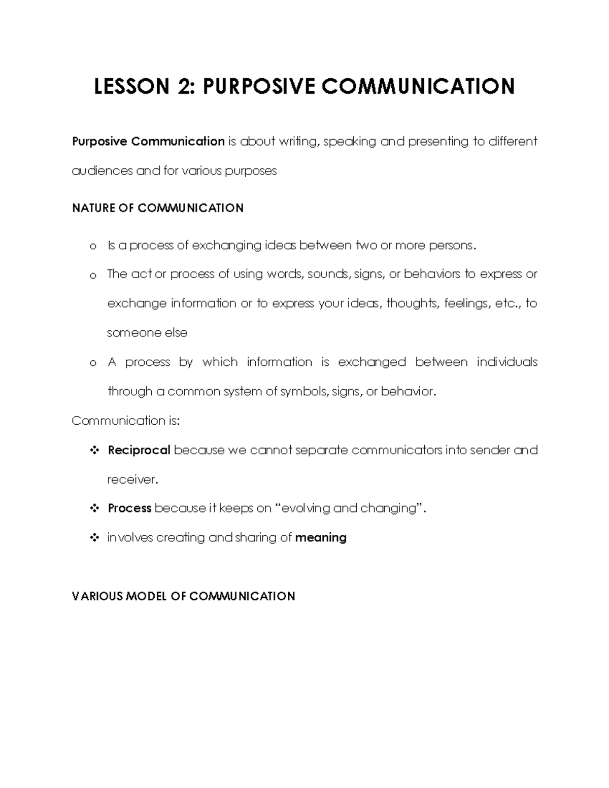 Lesson 2: The Essentials of Purposive Communication - Studocu