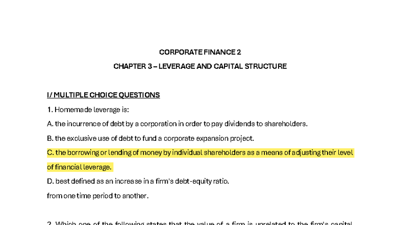 CORPORATE FINANCE 2 CHAPTER 3 LEVERAGE & CAPITAL STRUCTURE MCQs - Studocu