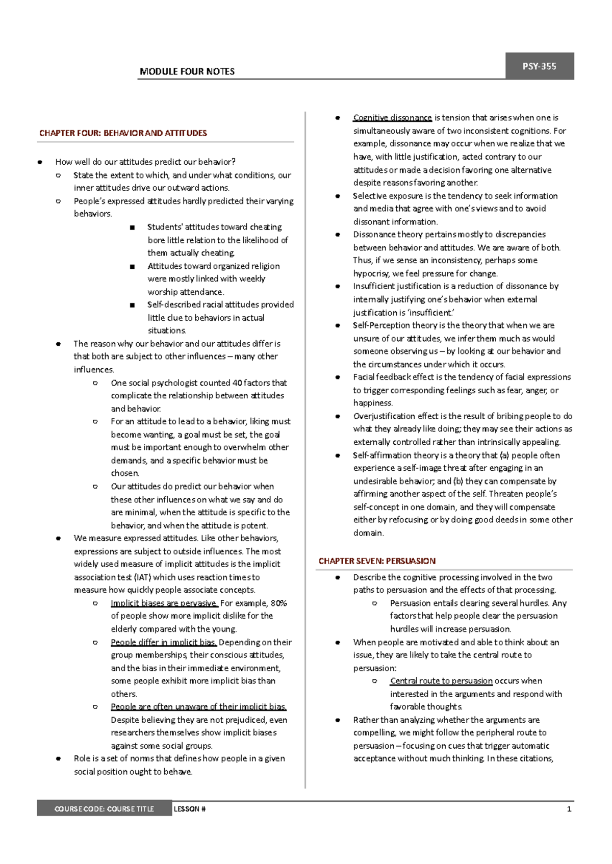 [PSY-355] Module Four Notes: Behavior and Attitudes Analysis - Studocu