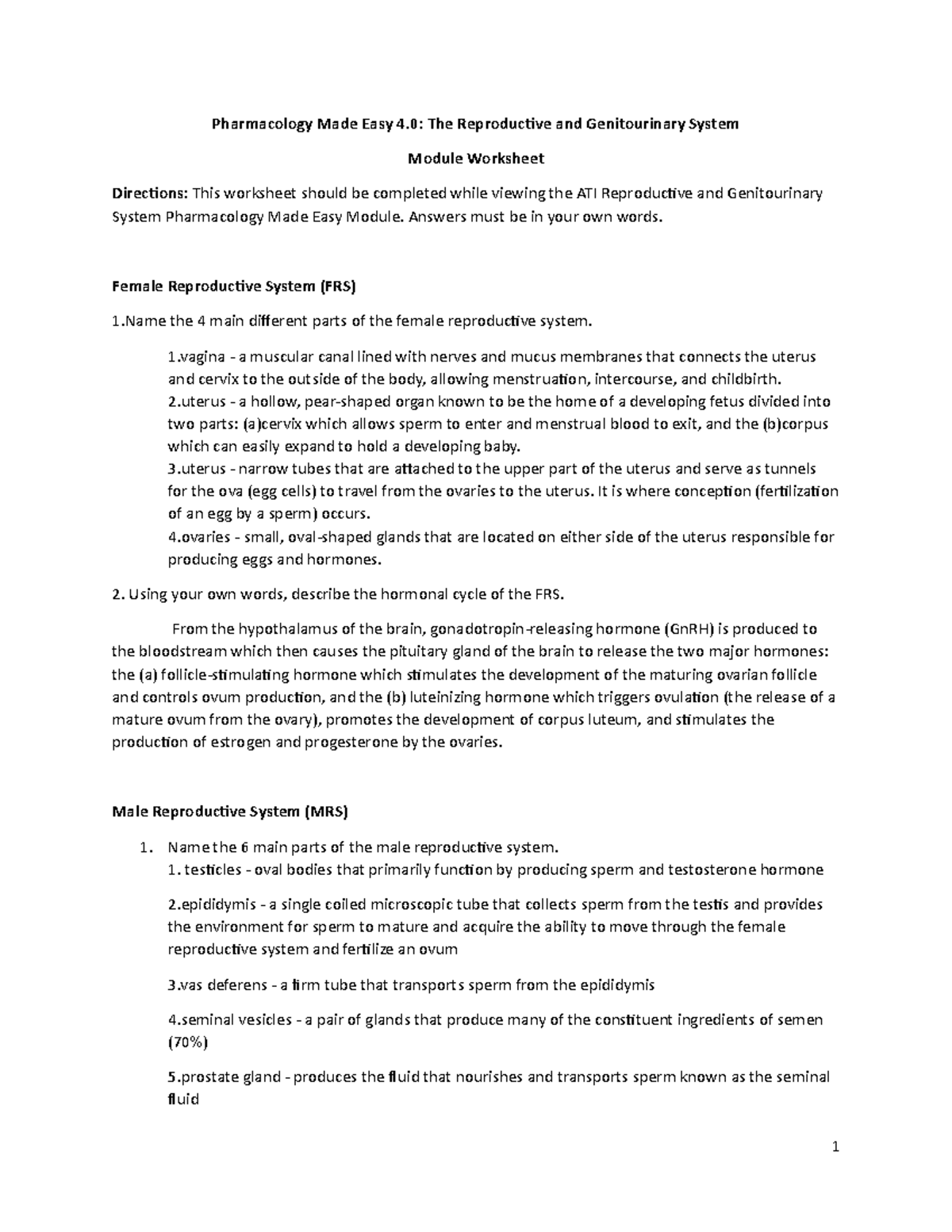 PME Repro GU Worksheet - PME 4.0 - Student - Pharmacology Made Easy 4 ...