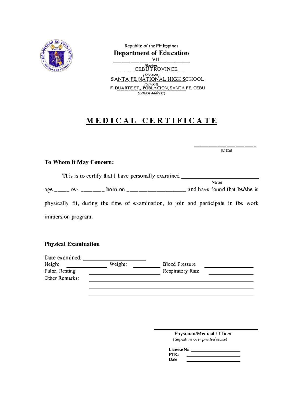 Medical-Certificate-2025 - Name Republic of the Philippines Department ...