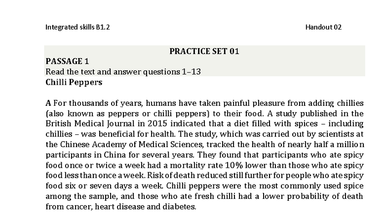 Integrated Skills B1.2 Handout 02 - Practice Set 01: Chilli Peppers ...