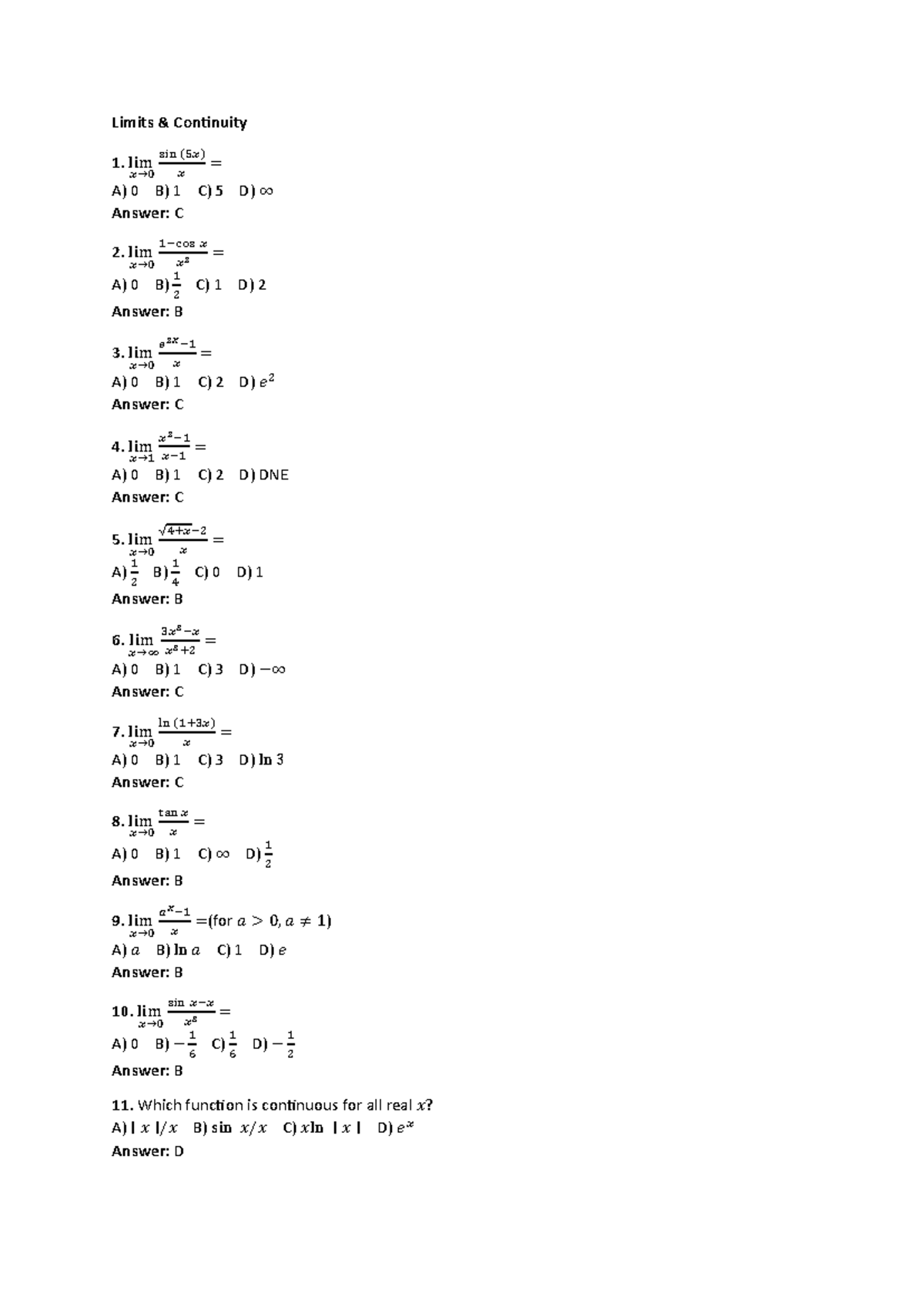 HKU MA1011 Final Exam Practice Questions on Limits and Continuity - Studocu