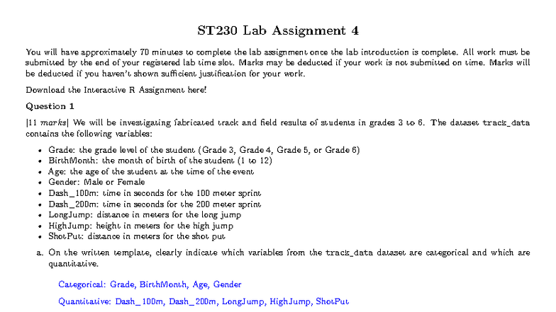 ST230 Lab Assignment 4: Analyzing Track & Field Data - Studocu
