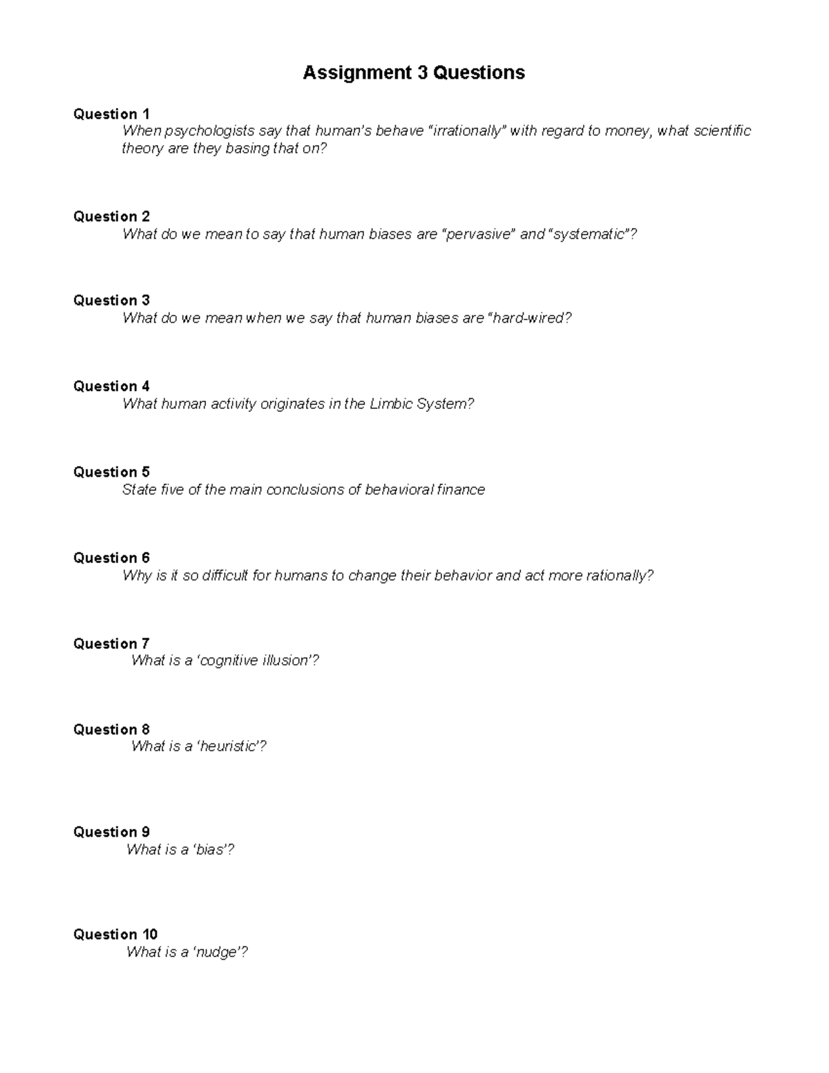 Behavioral Finance Assignment 3 Questions and Concepts - Studocu