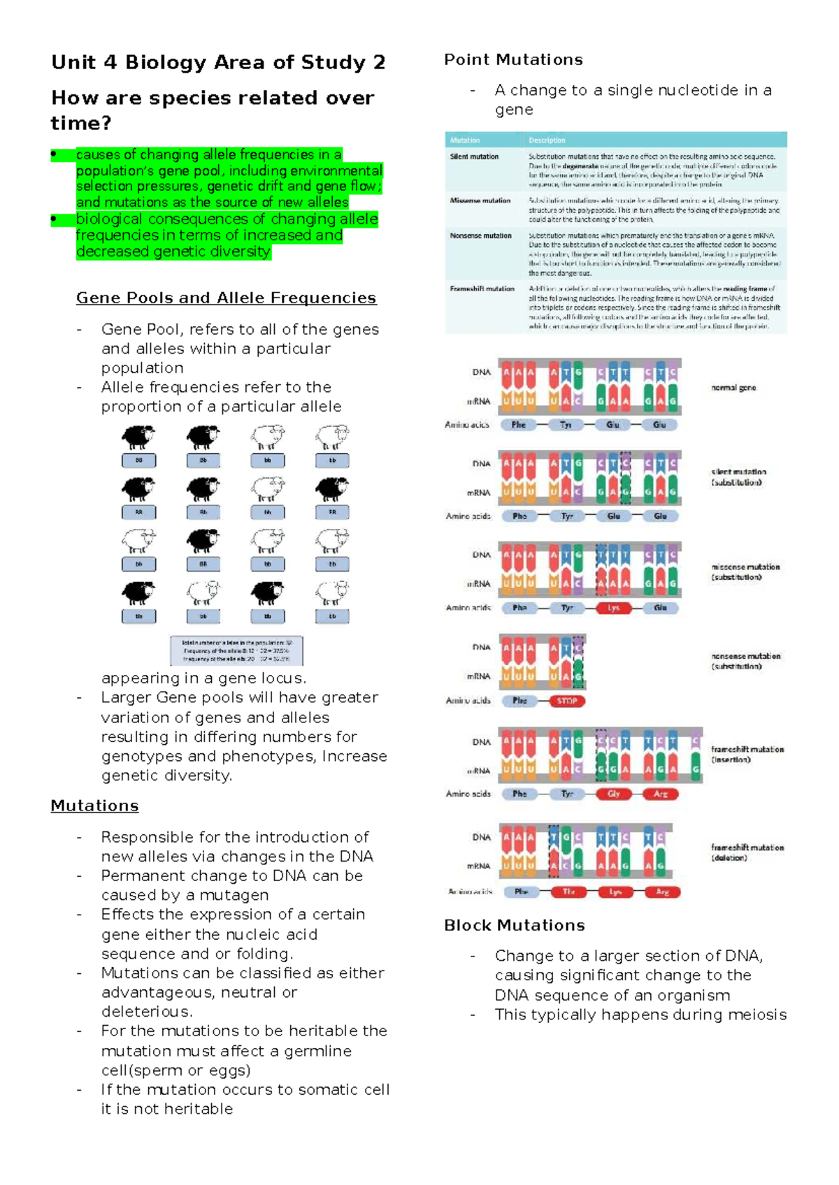 Unit 4 Biology AOS 2: Evolution, Mutations, and Genetic Diversity Notes ...