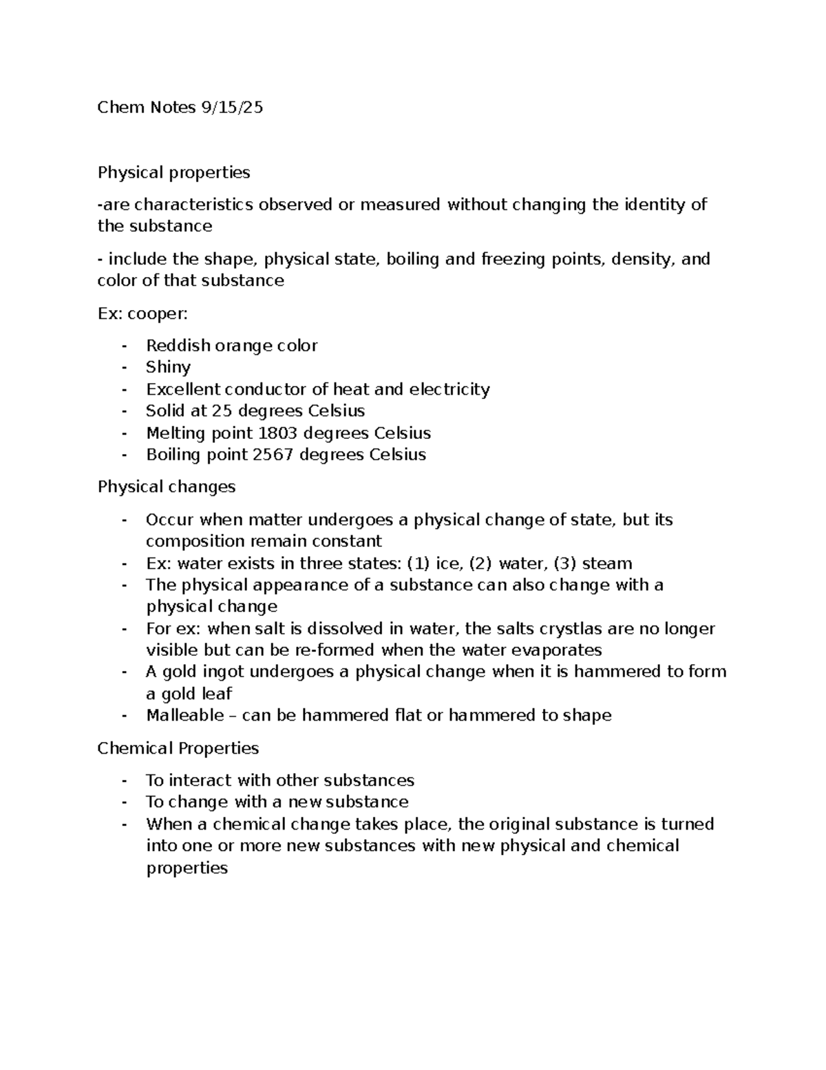 Chemistry Notes on Physical & Chemical Properties - CHEM 101 - Studocu