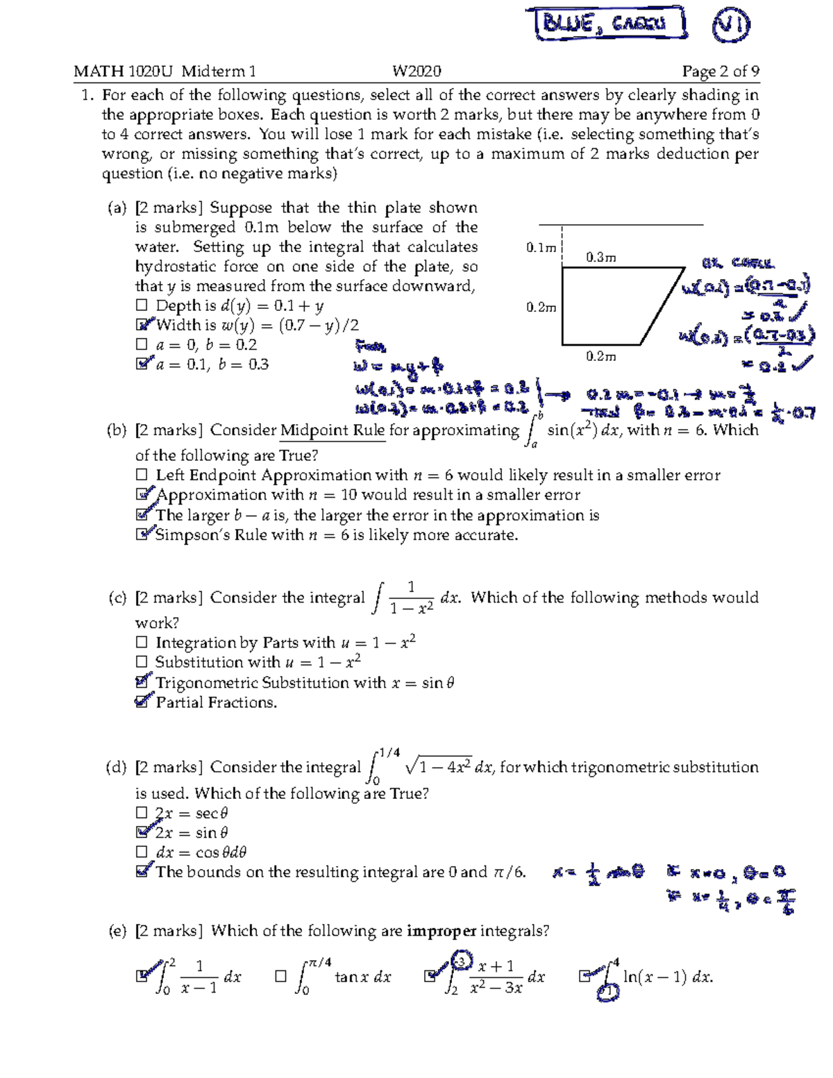 MATH 1020U Midterm 1 Solutions W2020: Integral and Approximation ...