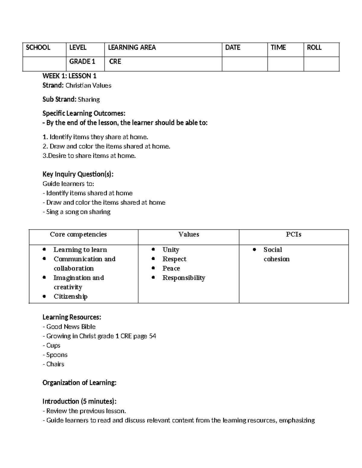 Grade 1 CRE Lesson Plans: Christian Values & Key Concepts - Studocu