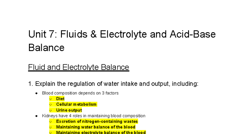 Unit 7: Fluid and Electrolyte Balance Overview and Regulation - Studocu