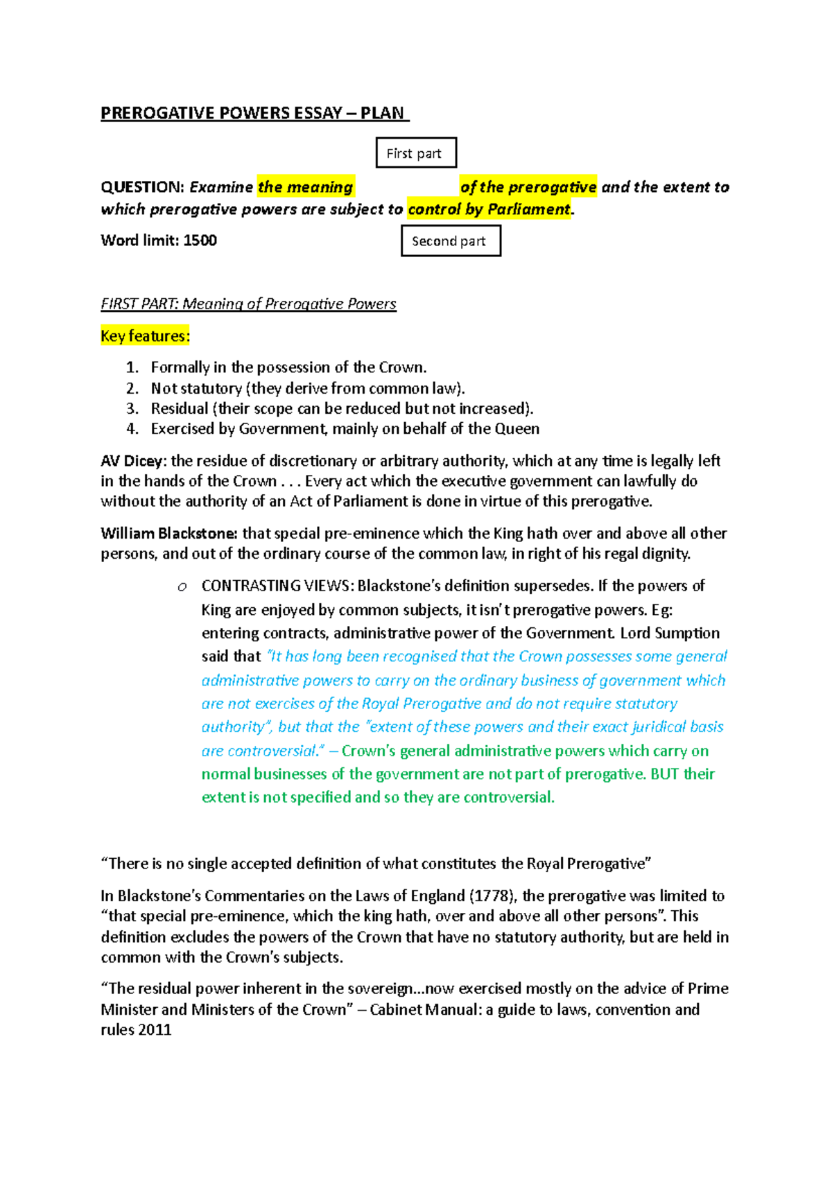 Prerogative Powers Essay Plan: Examining Control by Parliament - Studocu