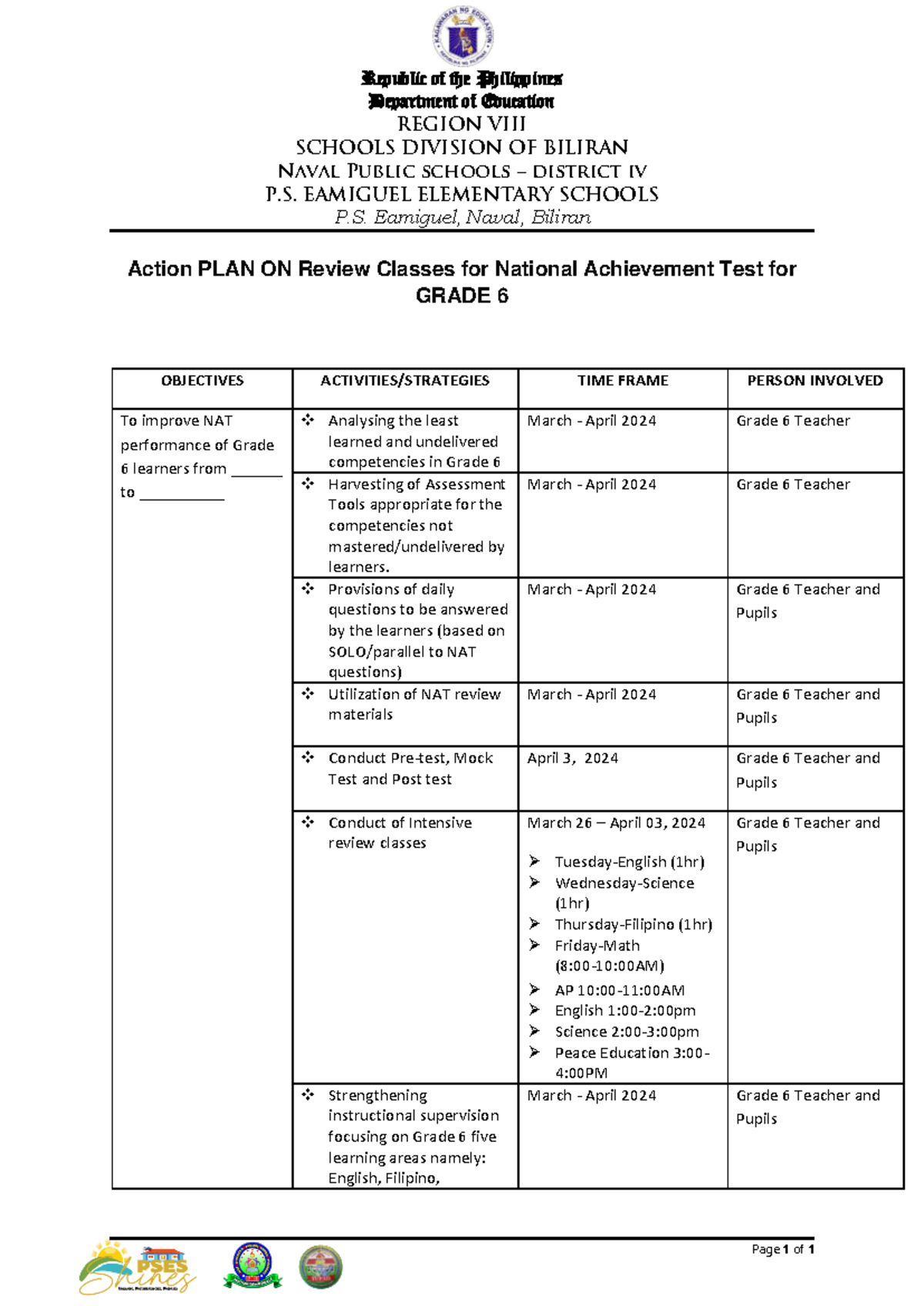 Action Plan for Review Classes: NAT & ELLNA for Grades 6 & 3 - Studocu