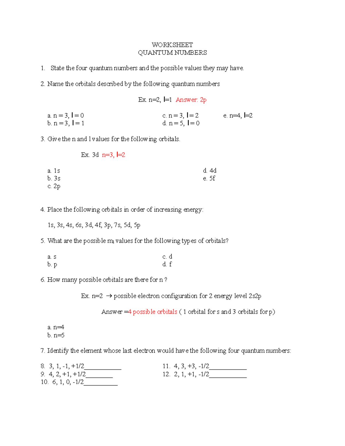 Worksheet on Quantum Numbers - WORKSHEET QUANTUM NUMBERS State the four ...