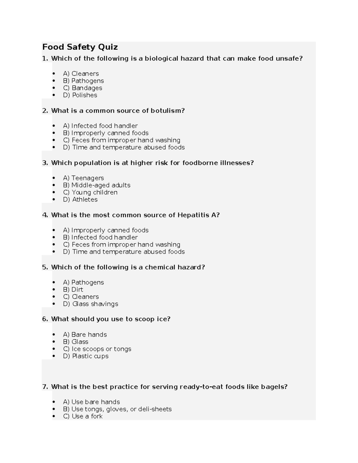 Food Safety Quiz 1 - Key Concepts and Answers - Studocu