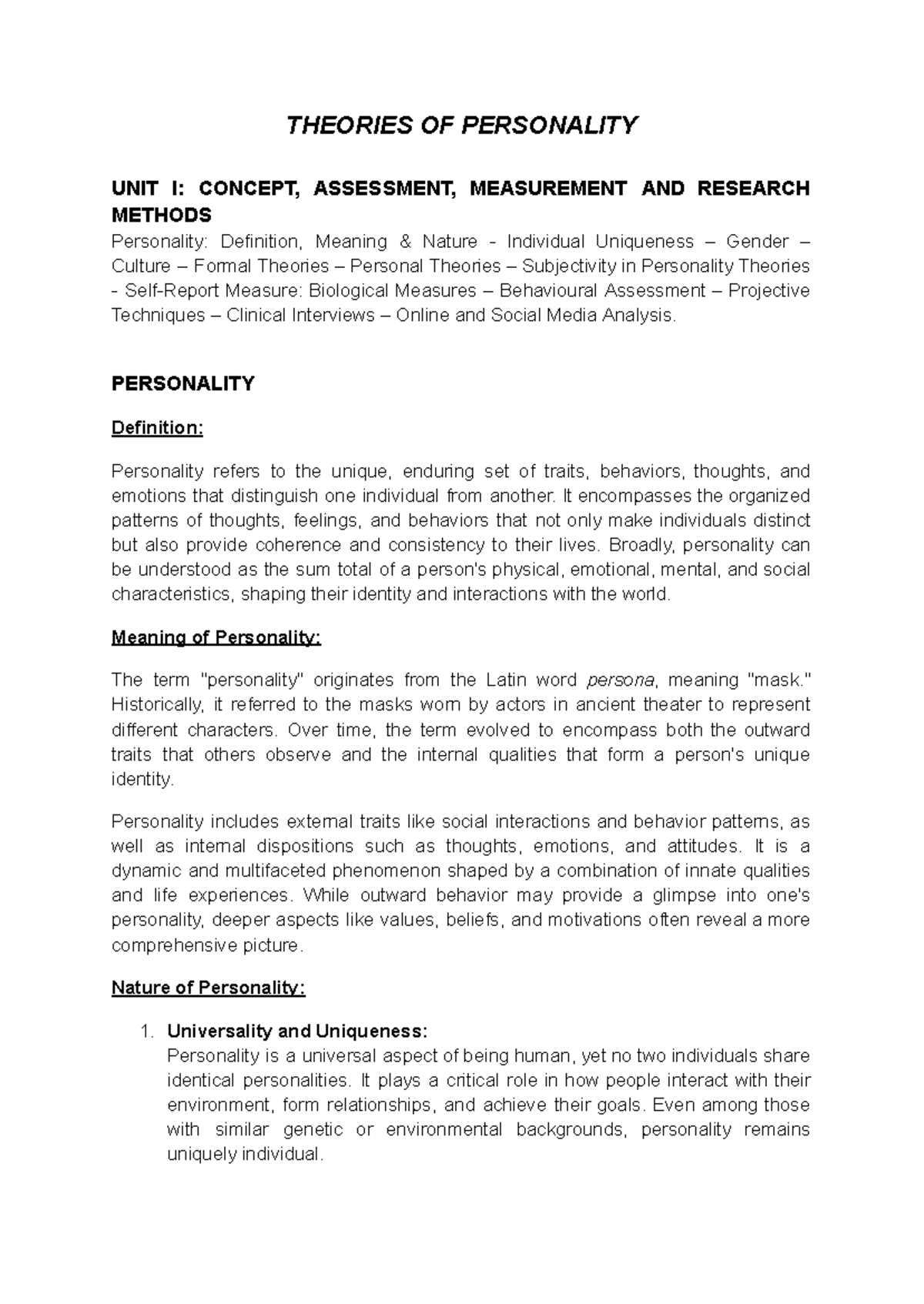 Theories of Personality - Course Notes for Psychology 101 - Studocu