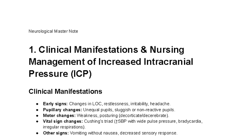 Neurological Management Notes: ICP, Head Injury & Related Conditions ...