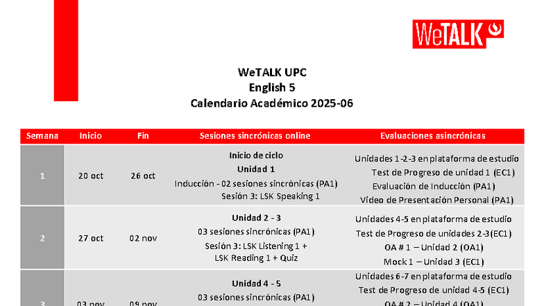 I5 Calendario Académico WeTALK UPC 2025: Semanas 1-4 - Studocu