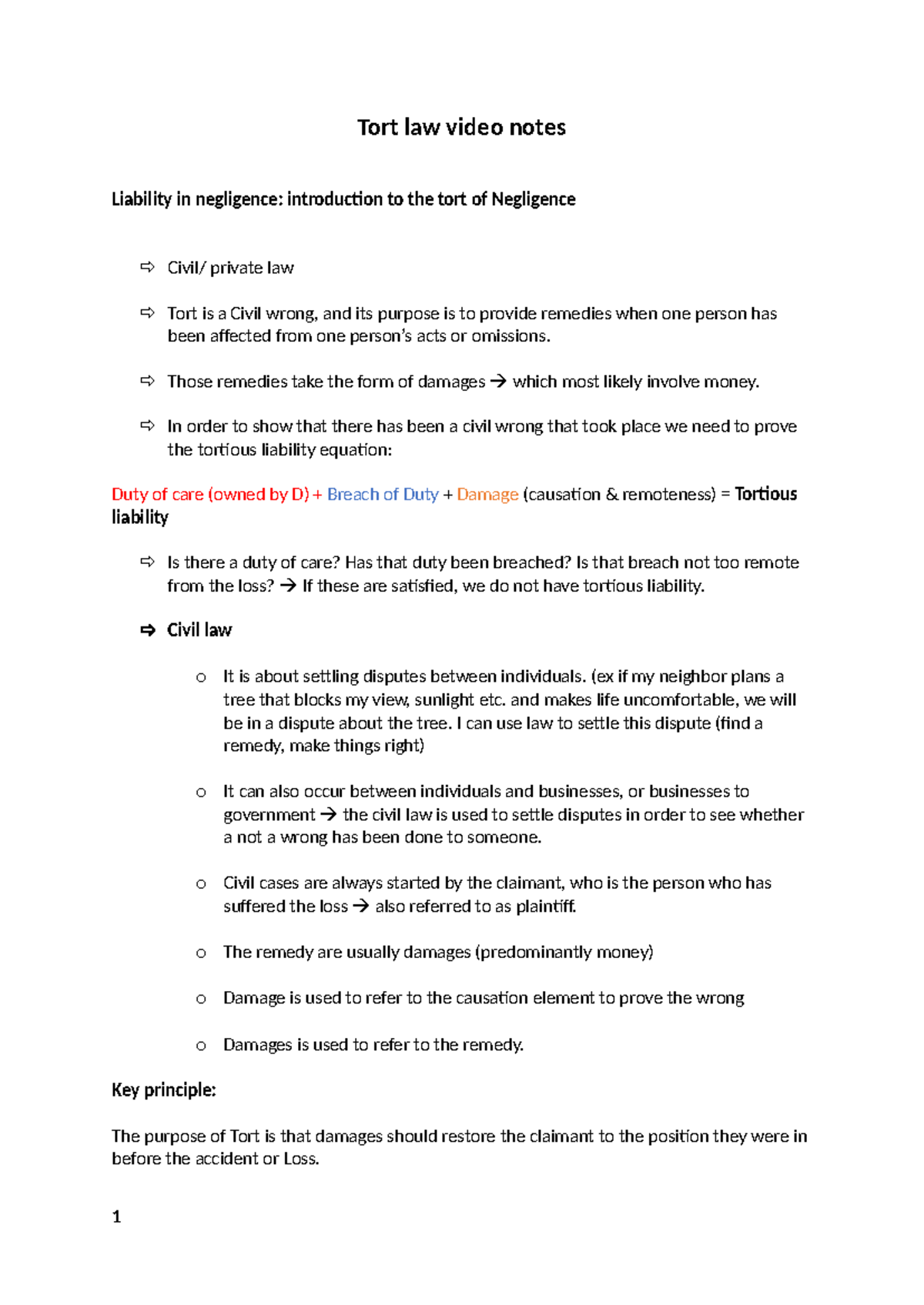 Tort law notes - Tort law video notes Liability in negligence ...