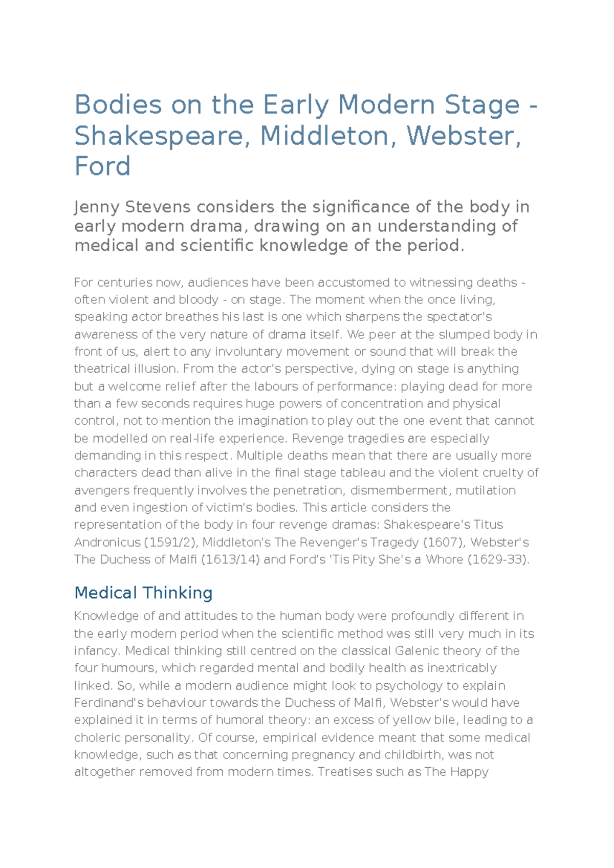 Bodies in Early Modern Drama: A Study of Violence and Representation ...