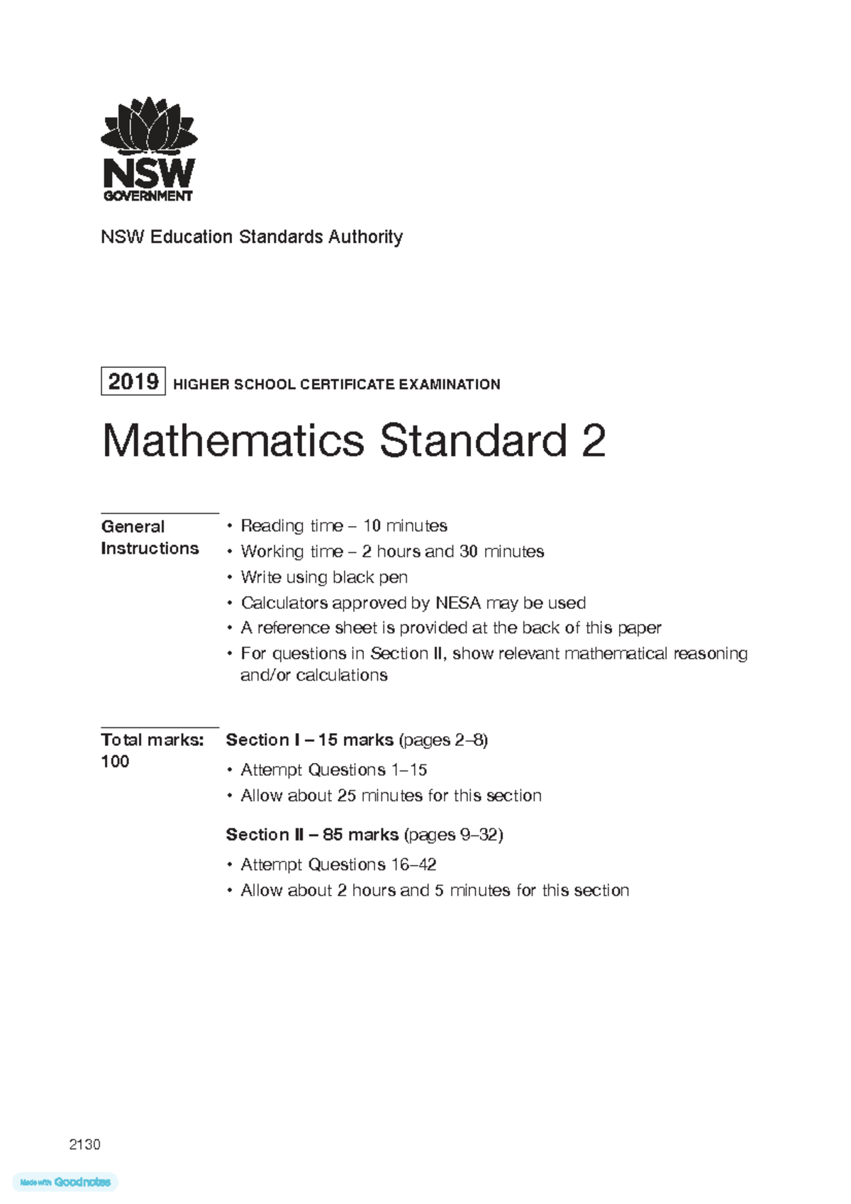 2019 HSC Mathematics Standard 2 Exam Paper - Studocu