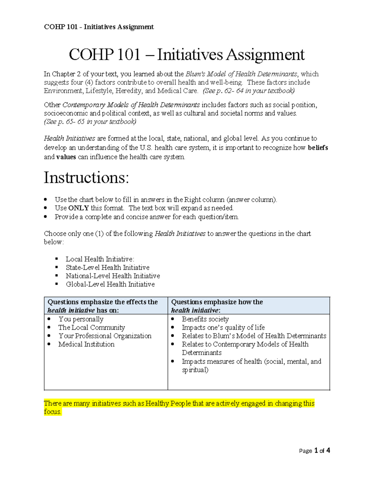 COHP 101 – Health Initiatives Assignment: Understanding Models of Health - Studocu