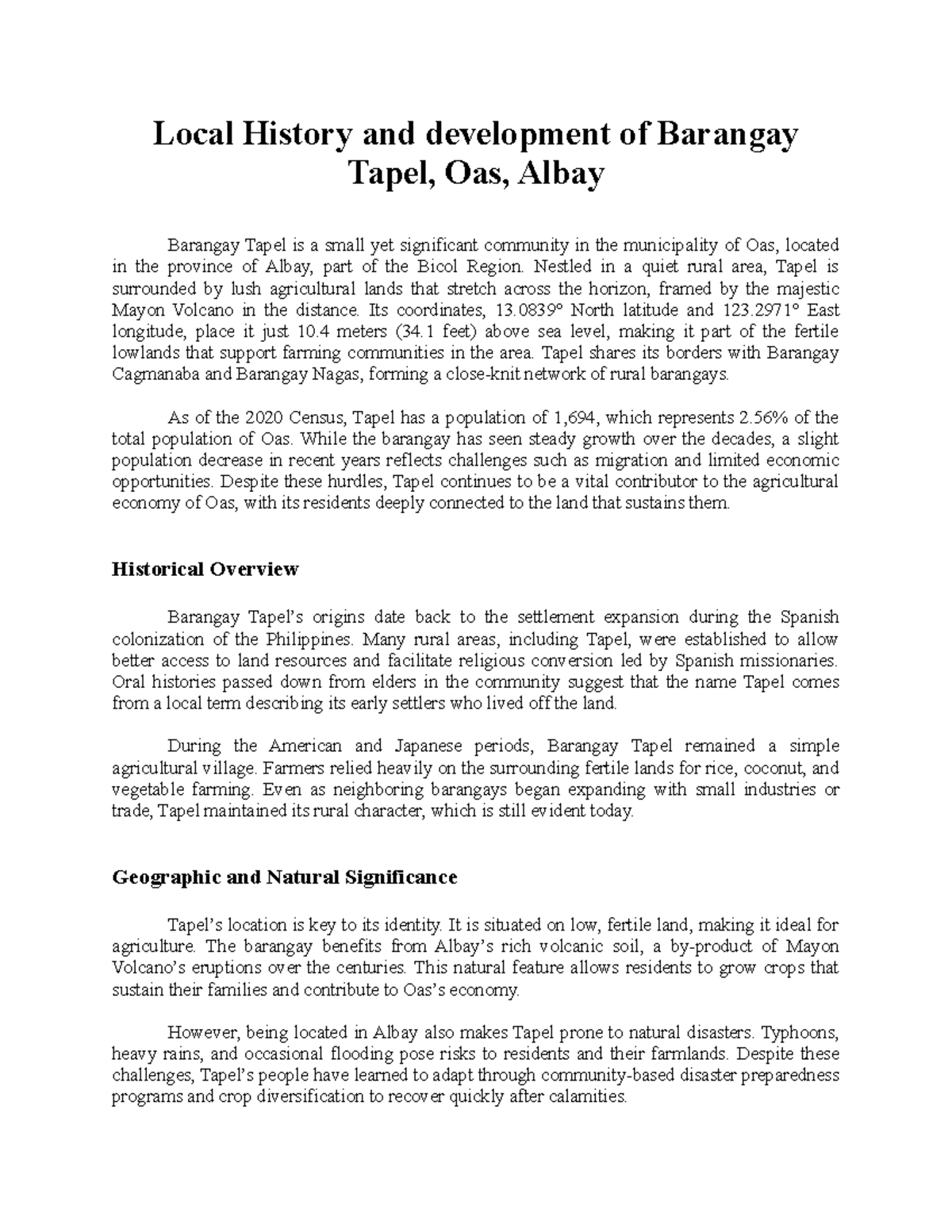 Barangay Tapel [Leah Madriaga - BSCE 1A3] - Local History and ...