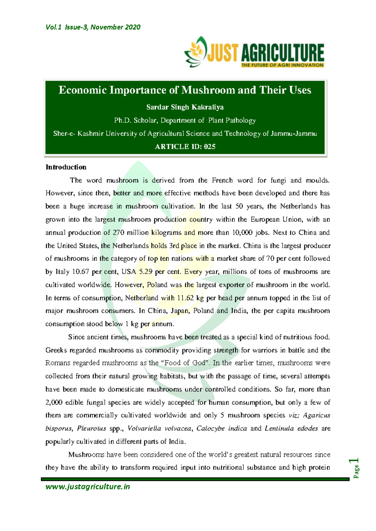 Economic Importance of Mushrooms and Their Uses - Vol.1 Nov 2020 - Studocu