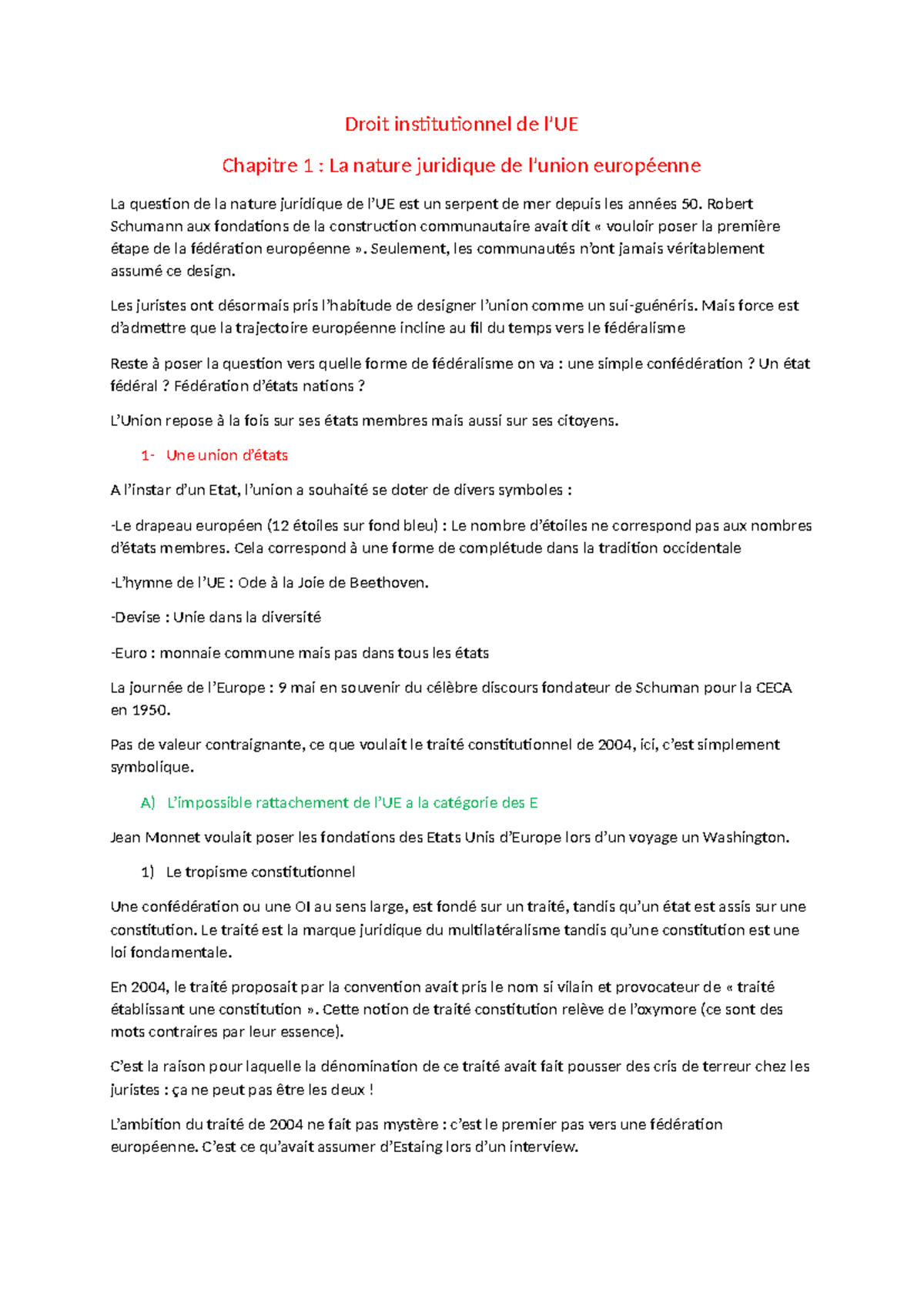 Droit Institutionnel - Chapitre 1 : La Nature Juridique de l'UE - Studocu