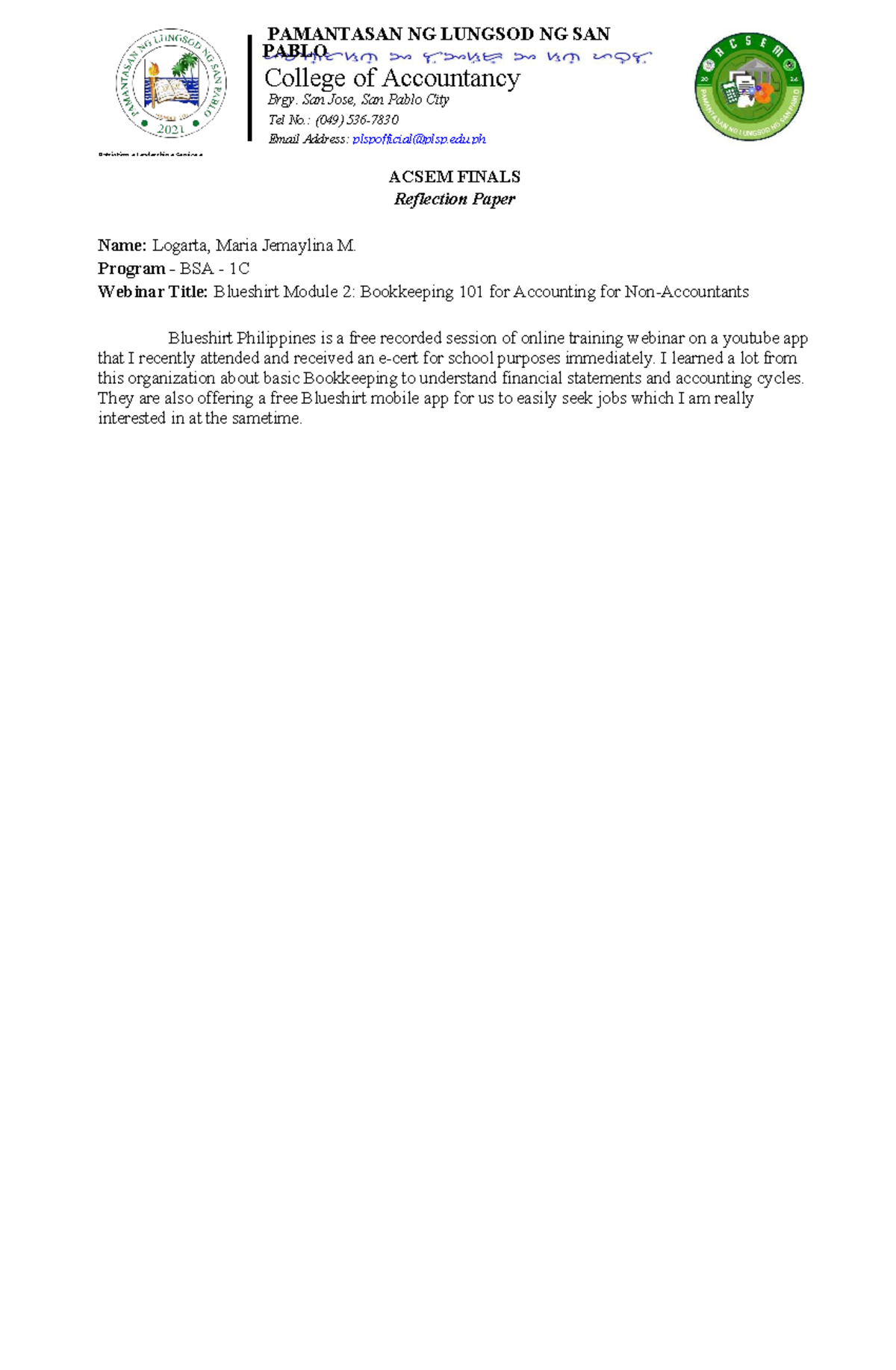 ACSEM BSA 1C Finals Reflection Paper on Bookkeeping Webinar - Studocu