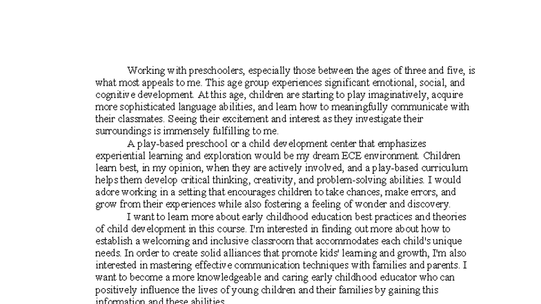 ECE 101: Week 1 Reflection on Working with Preschoolers - Studocu