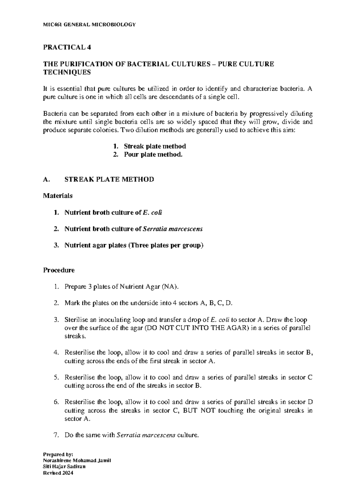 Mic461 General Microbiology Practical 4 Pure Culture Techniques Studocu