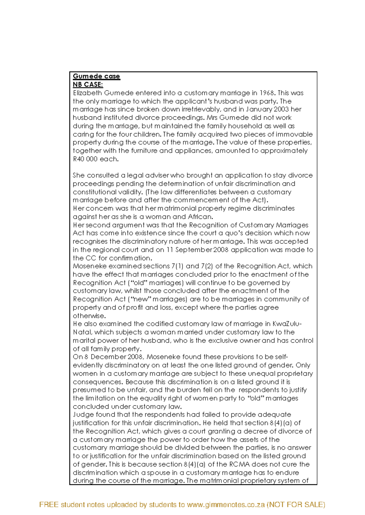 Customary Law Case Summaries: Gumede & Bhe Case Analysis - Studocu