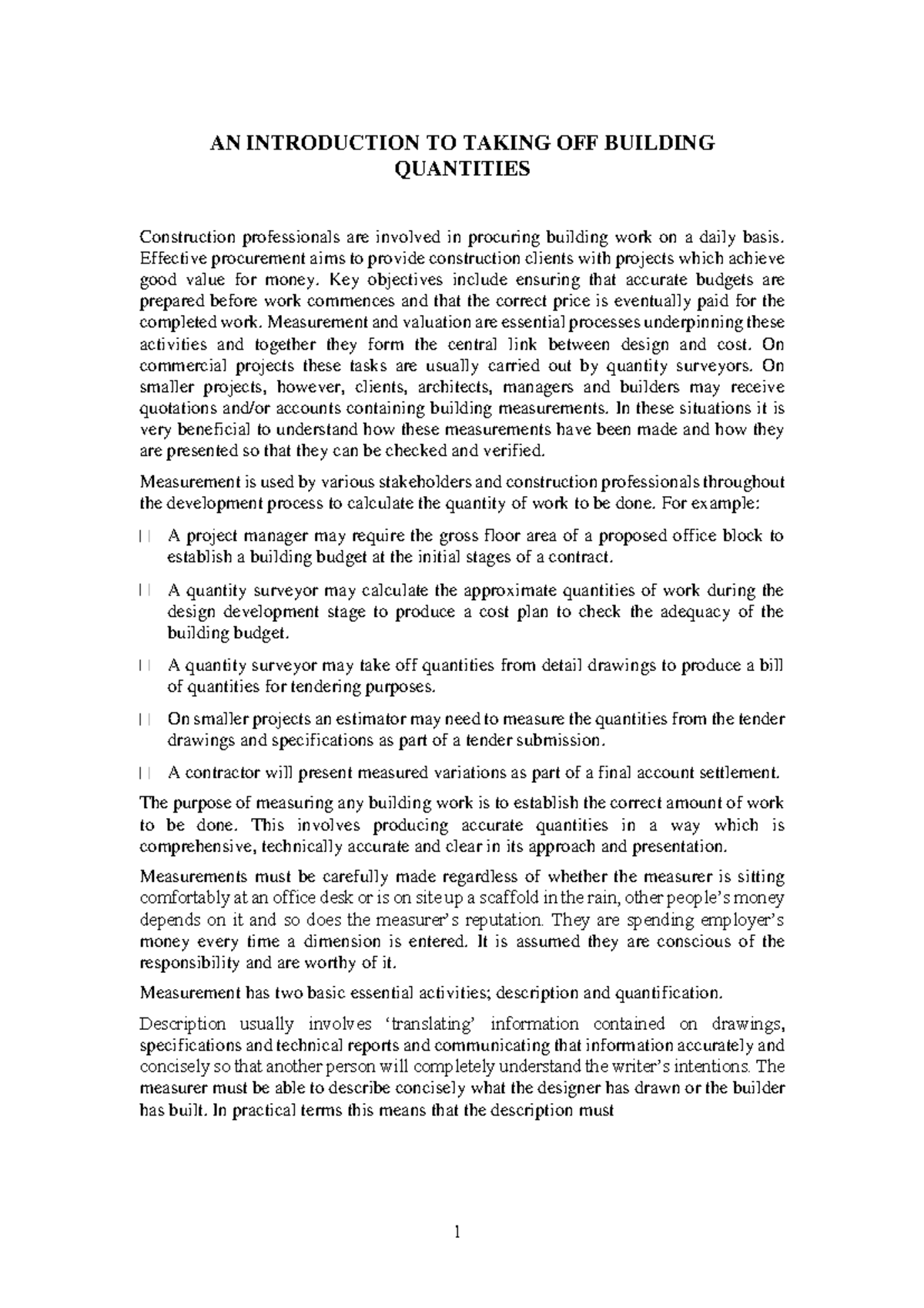 Measurements: Introduction to Taking Off Building Quantities (CIV 101 ...