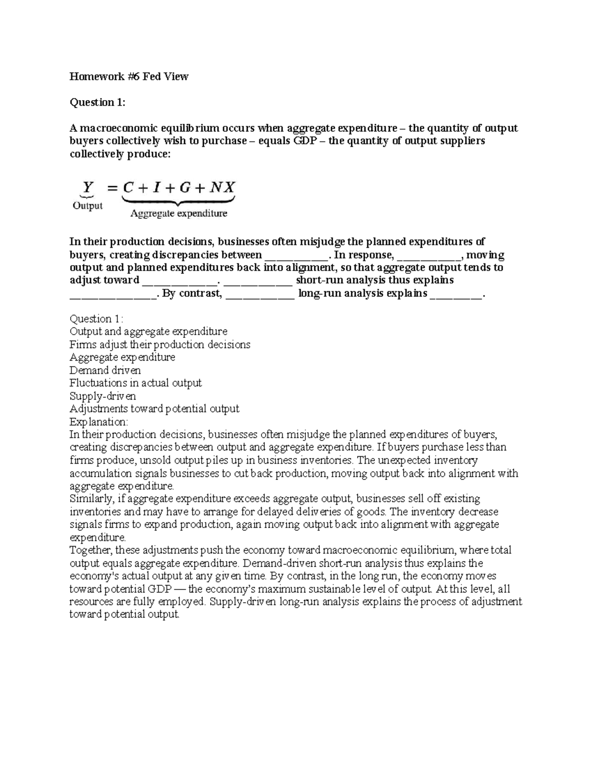 Homework #6 answer key: Macroeconomic equilibrium and output analysis ...