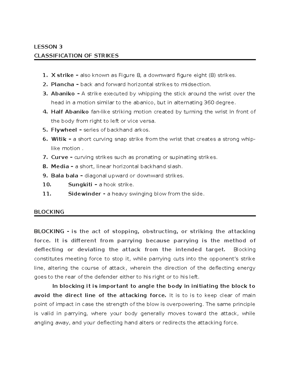 Arnis Lesson 3: Classification of Strikes and Blocking Techniques - Studocu