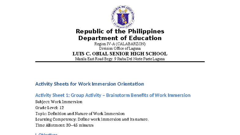 Work Immersion Activity Sheets for Grade 12 - Group Brainstorming - Studocu