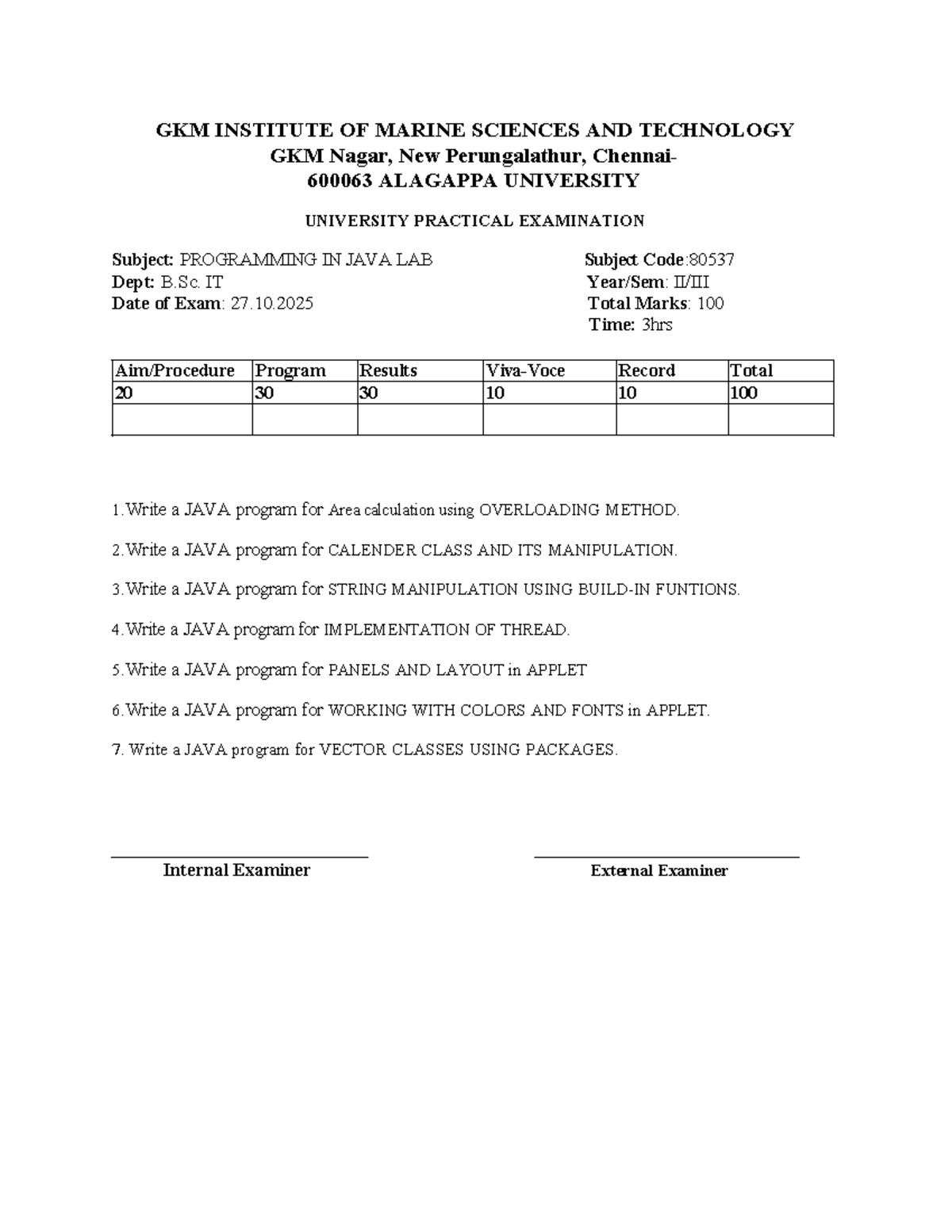 JAVA Lab Practical Exam QP - Subject Code: 80537 - Studocu