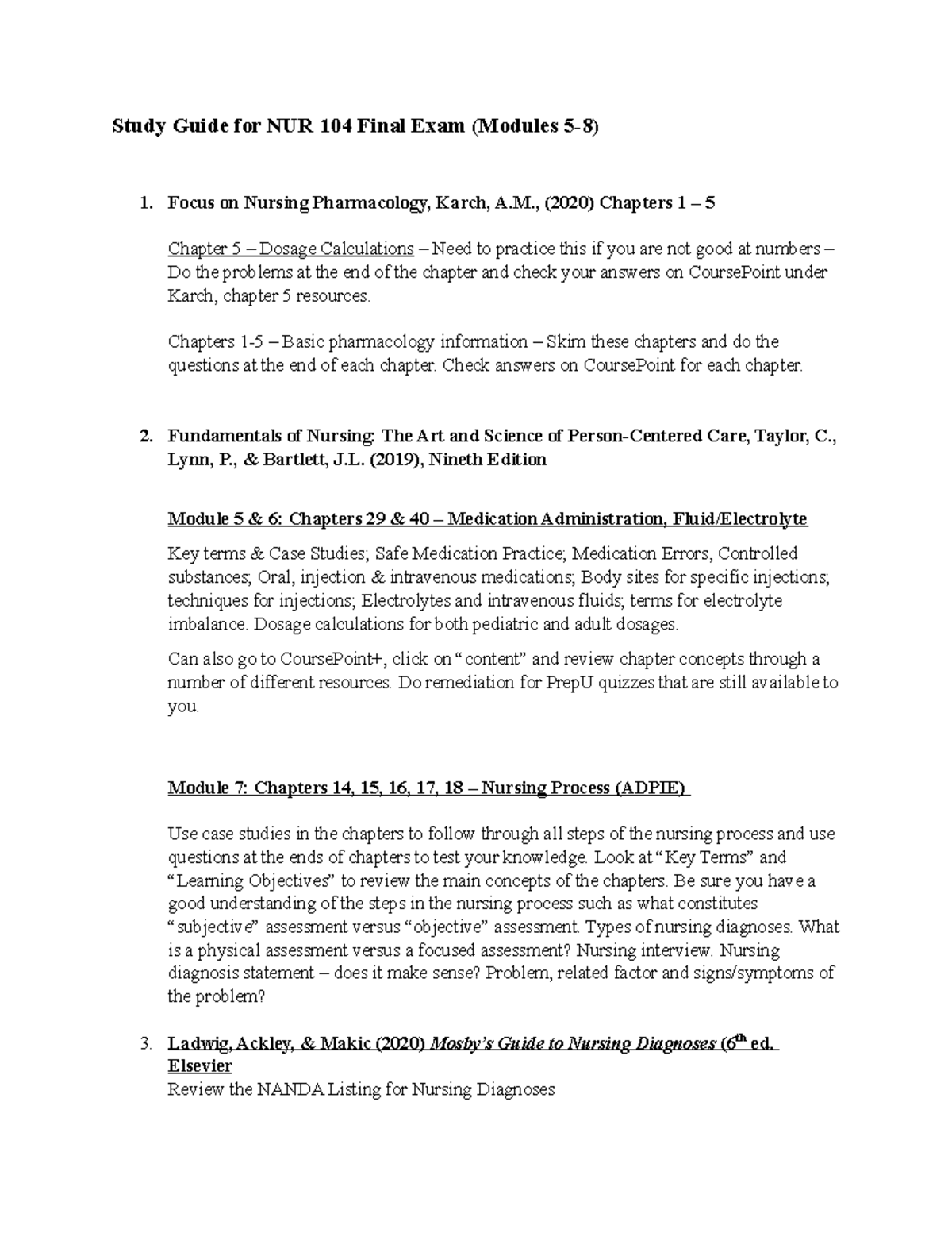 Study Guide for Final Exam NUR 104 - Study Guide for NUR 104 Final Exam ...