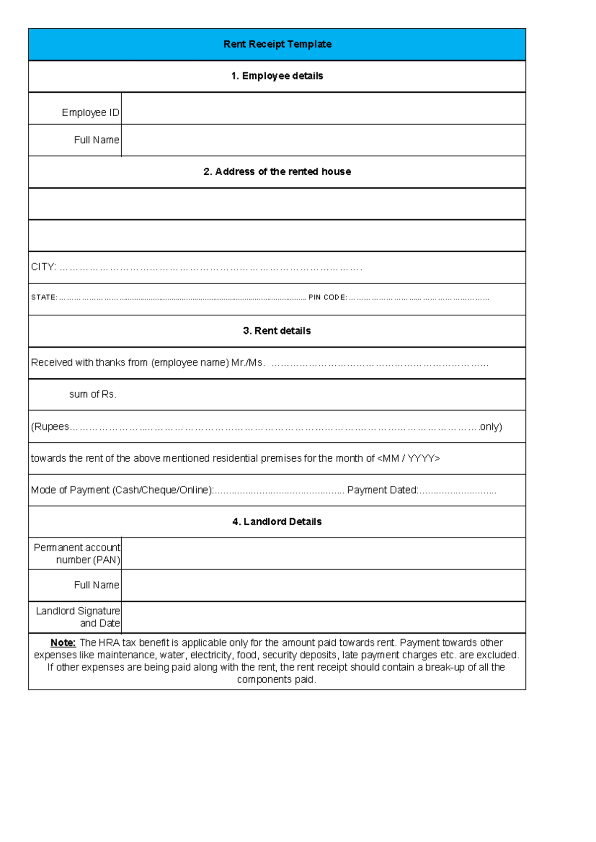 Rent Receipt Template for Employee HRA Claims - Studocu