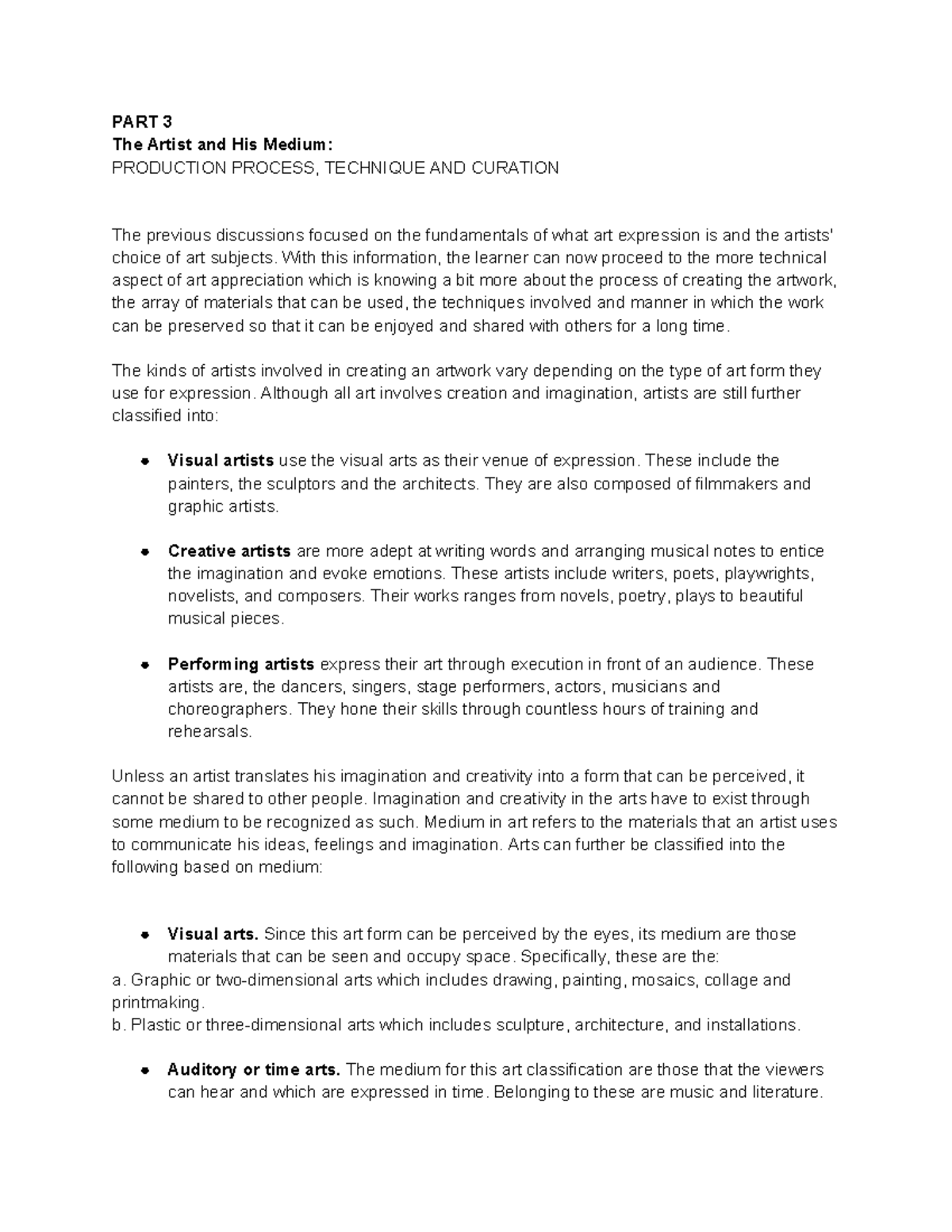 Chapter 3 & 4: Exploring Artistic Mediums and Techniques in ARTS ...