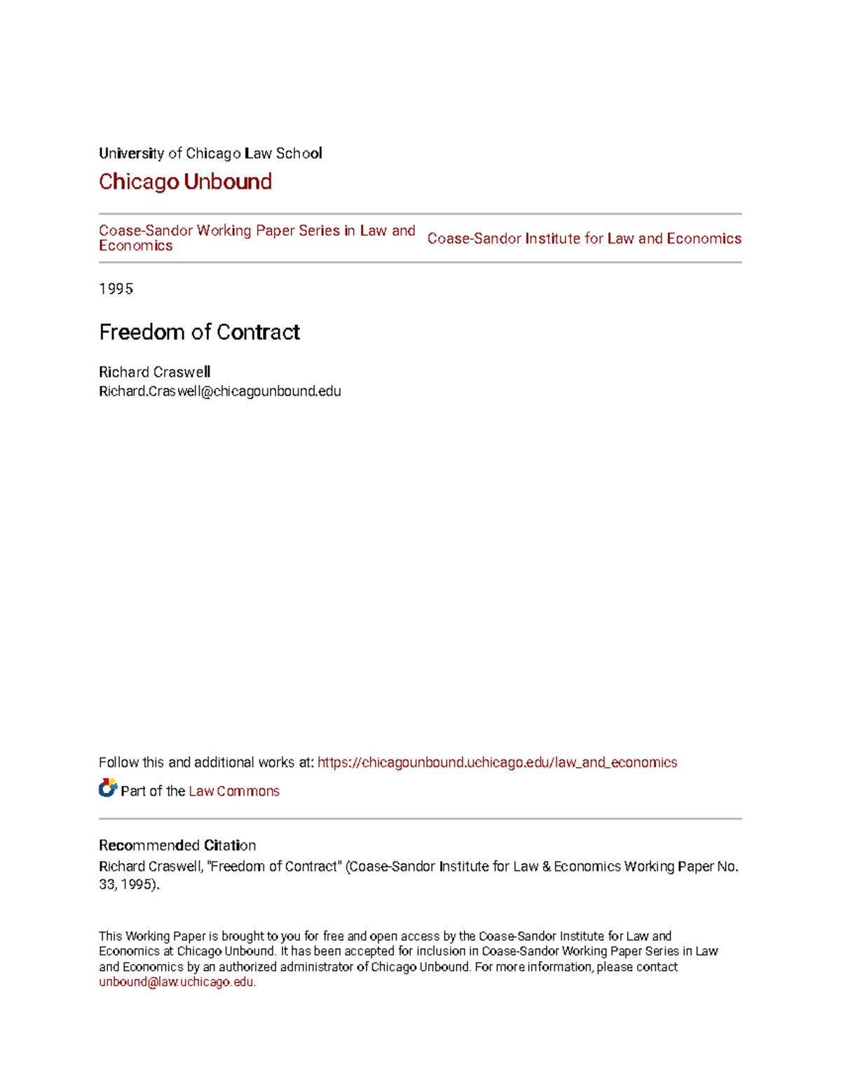 Freedom of Contract: Insights from Economics (Law 1995) - Studocu