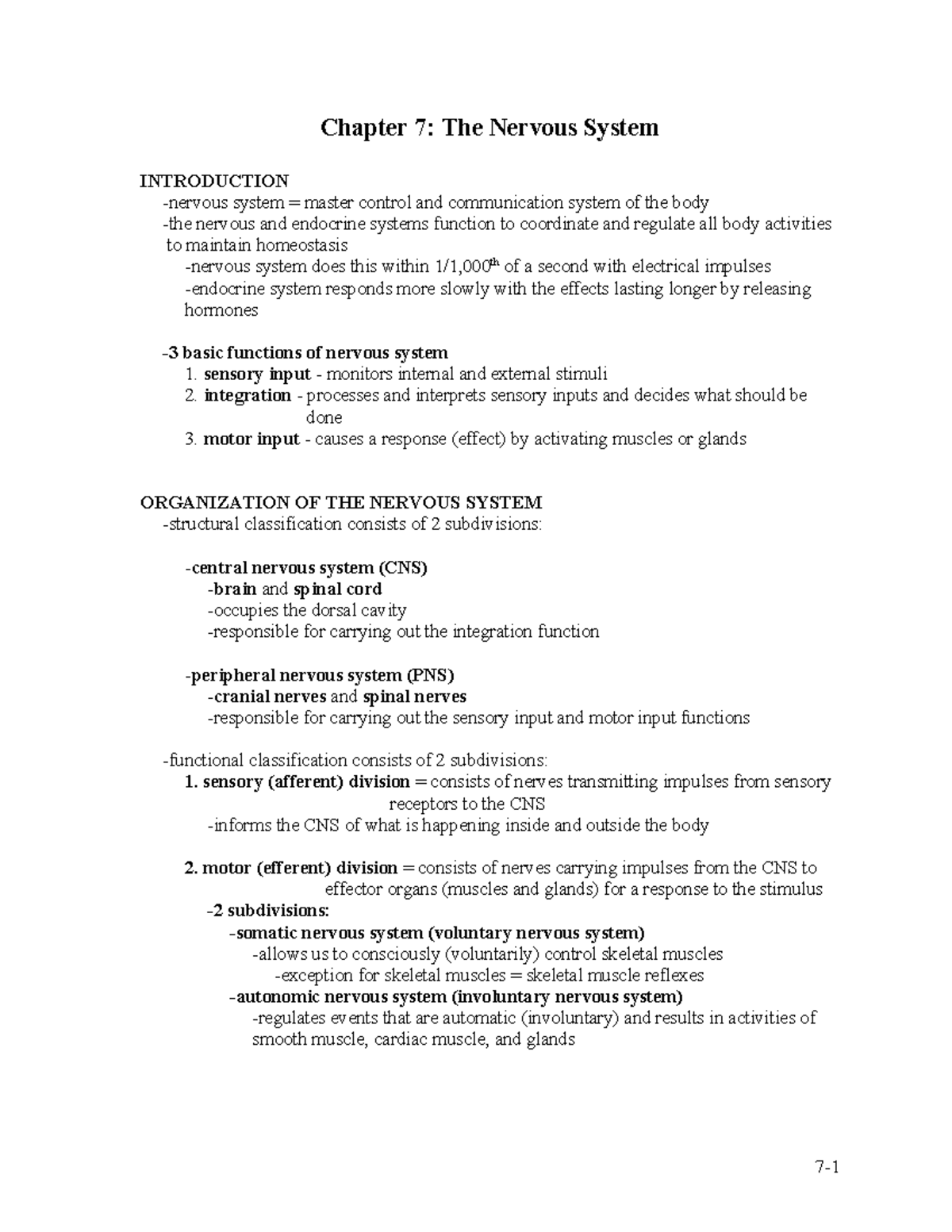 Bio 112 Chapter 7: Overview of the Nervous System Functions and Structure - Studocu