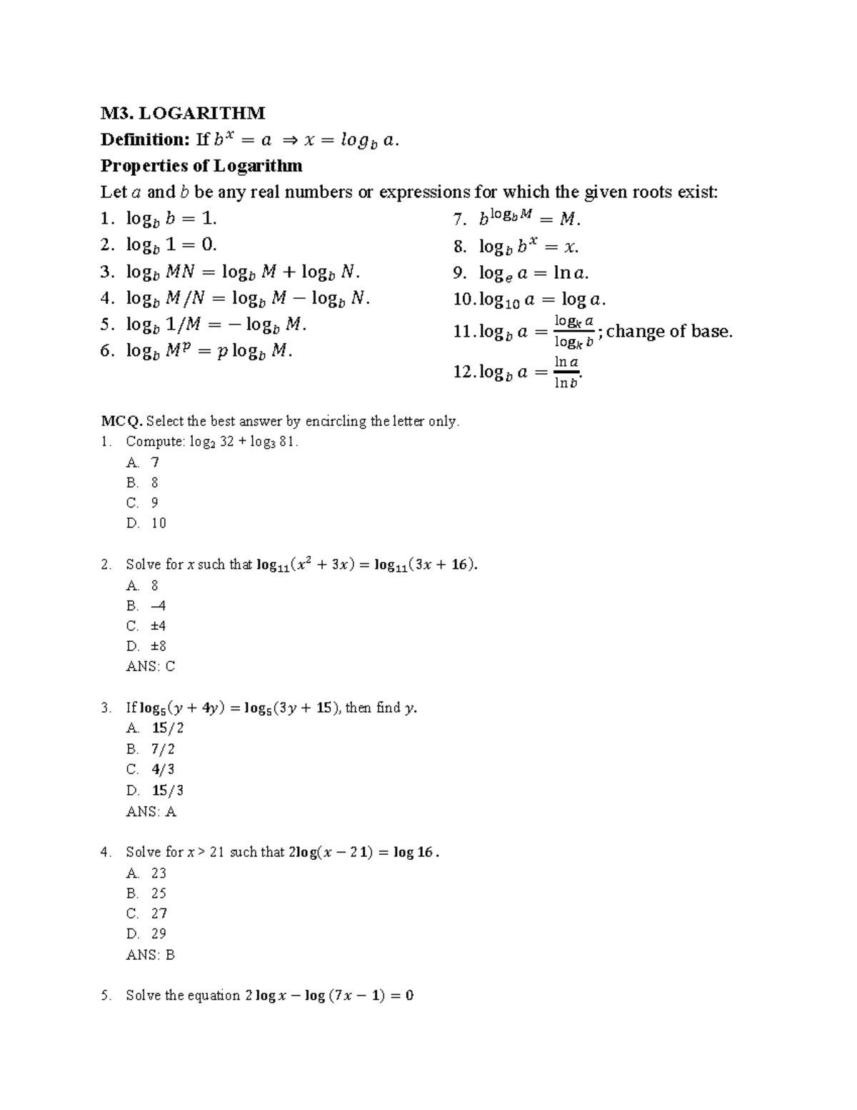 M3. Logarithm Properties and MCQs - Studocu