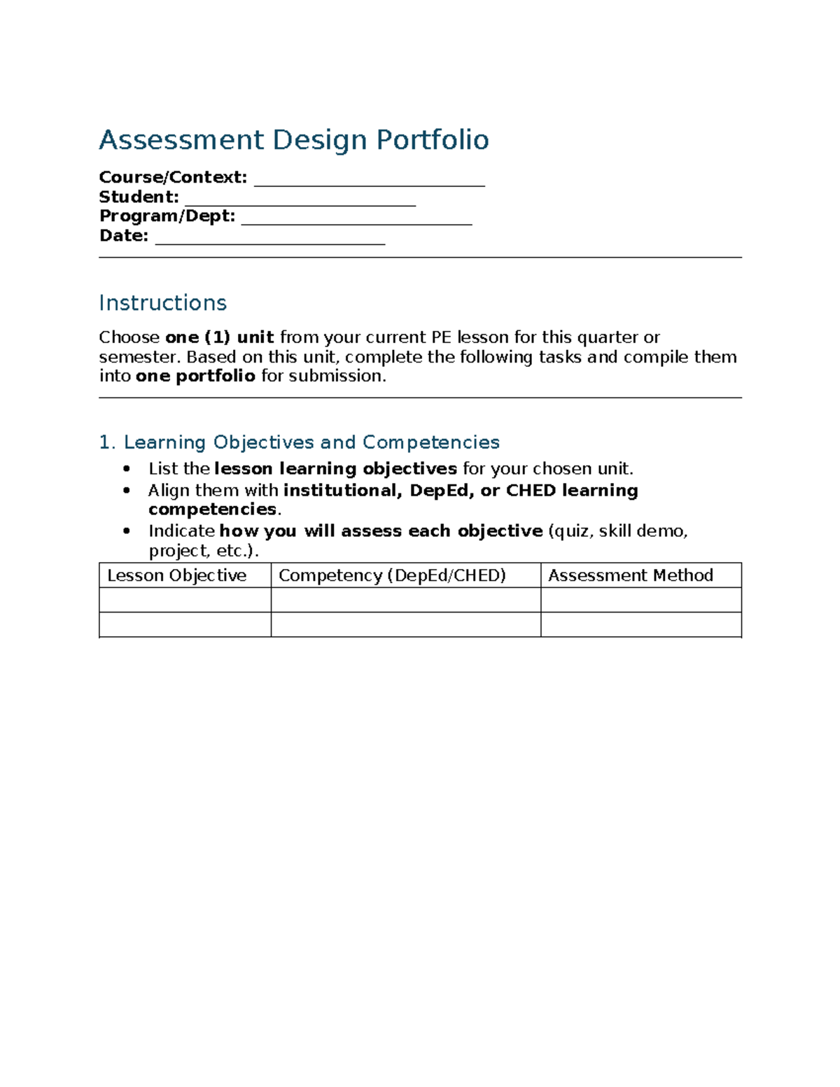 PE Assessment Design Portfolio: Unit Planning & Evaluation - Studocu