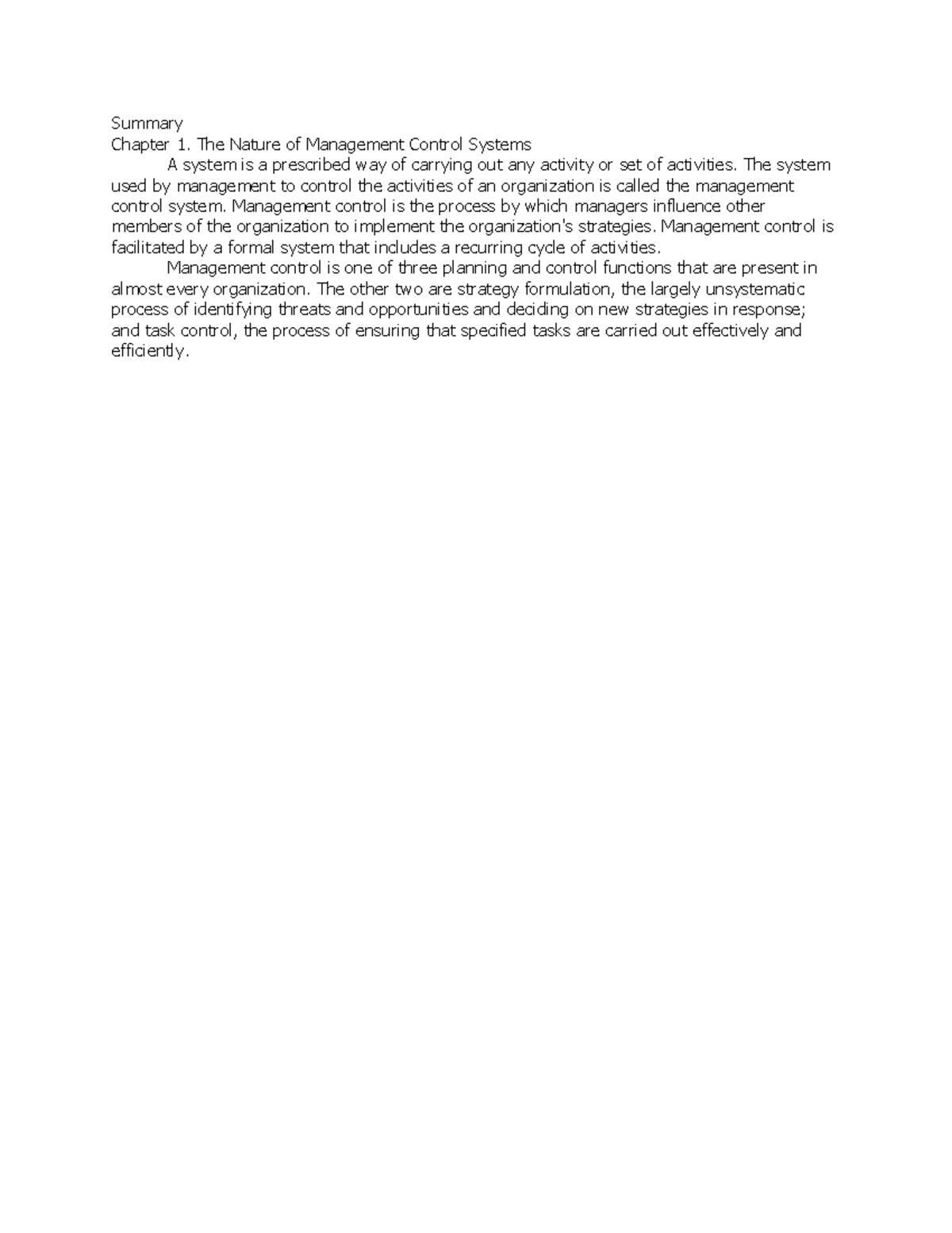 Summary Of Management Control Systems Chapter 1 Studocu