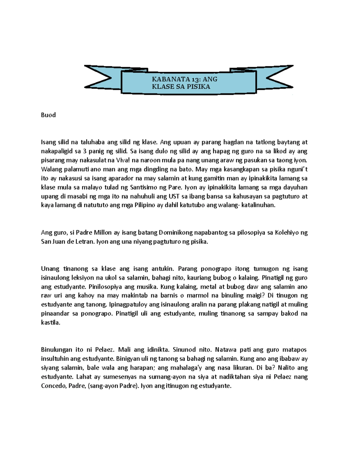 Buod k13 - El Filibusterismo - KABANATA 13: ANG KLASE SA PISIKA Buod ...