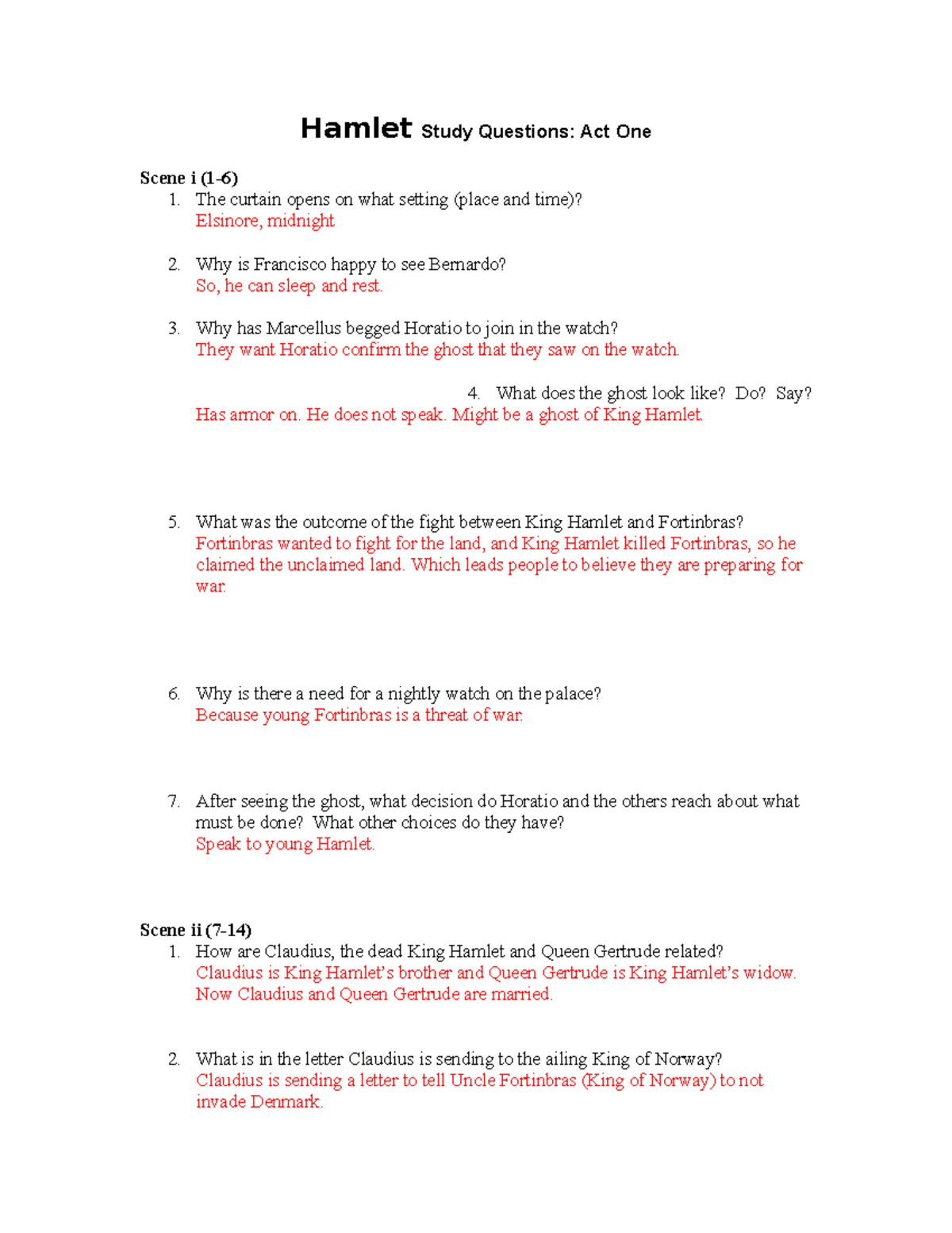 Hamlet Study Questions: A Comprehensive Analysis of Acts 1-4 - Studocu