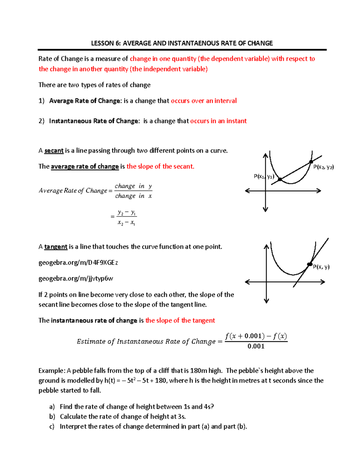 LESSON 6: AVERAGE & INSTANTANEOUS RATE OF CHANGE Solutions - Studocu