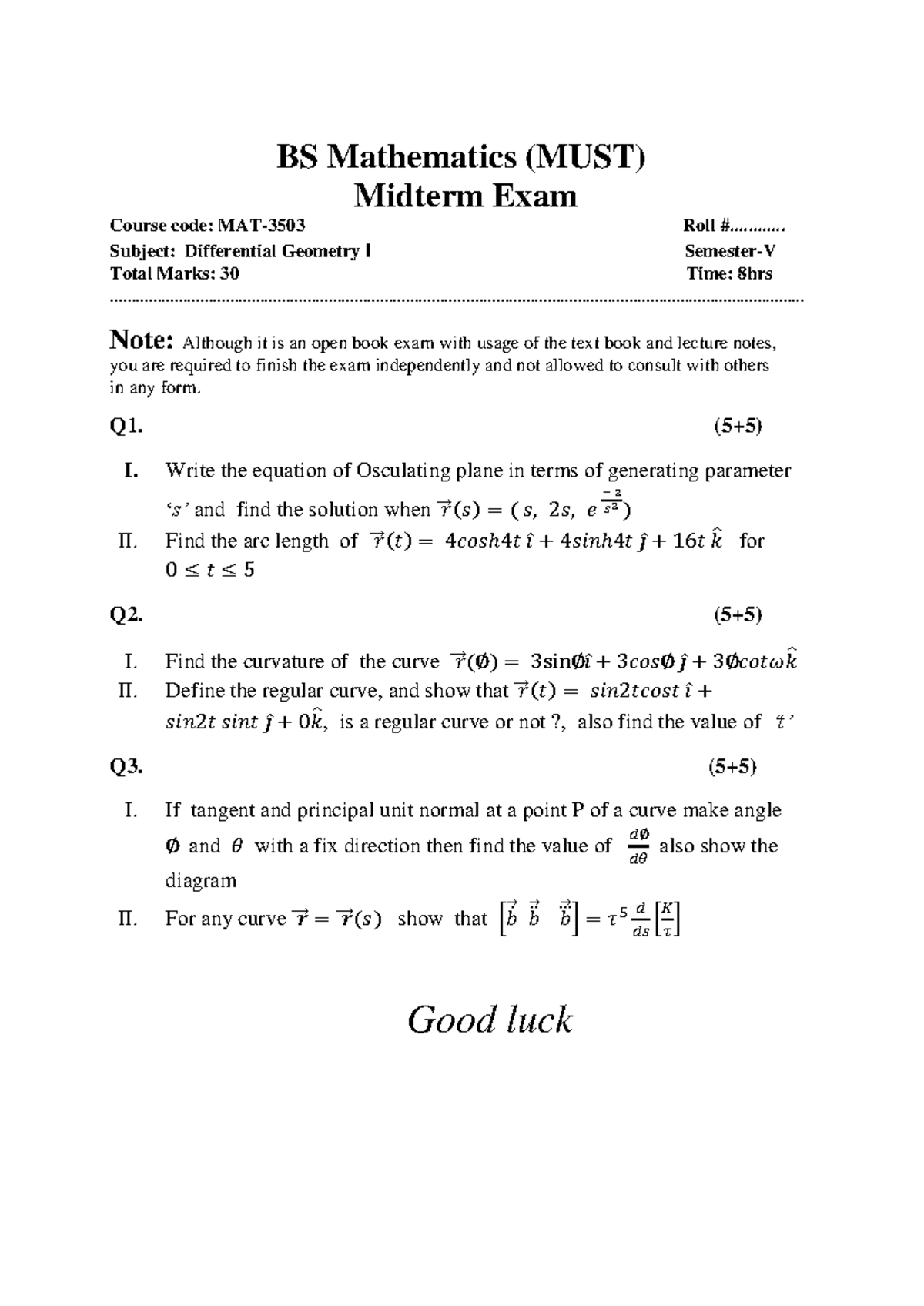 BS Mathematics (MUST) Midterm Exam: Differential Geometry I - Studocu